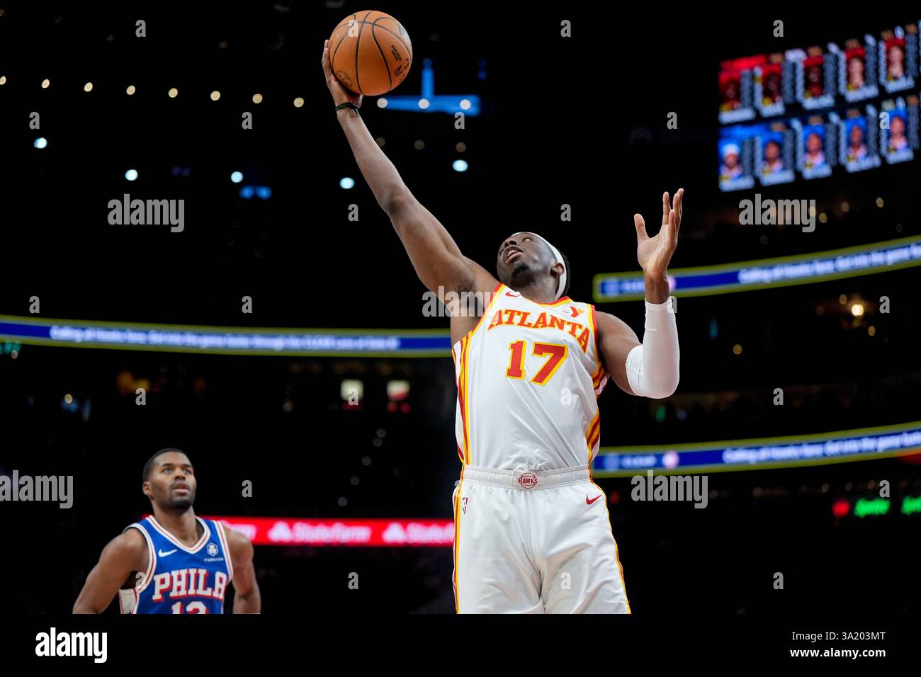 Atlanta Hawks forward Onyeka Okongwu (17) grabs a rebound against the ...