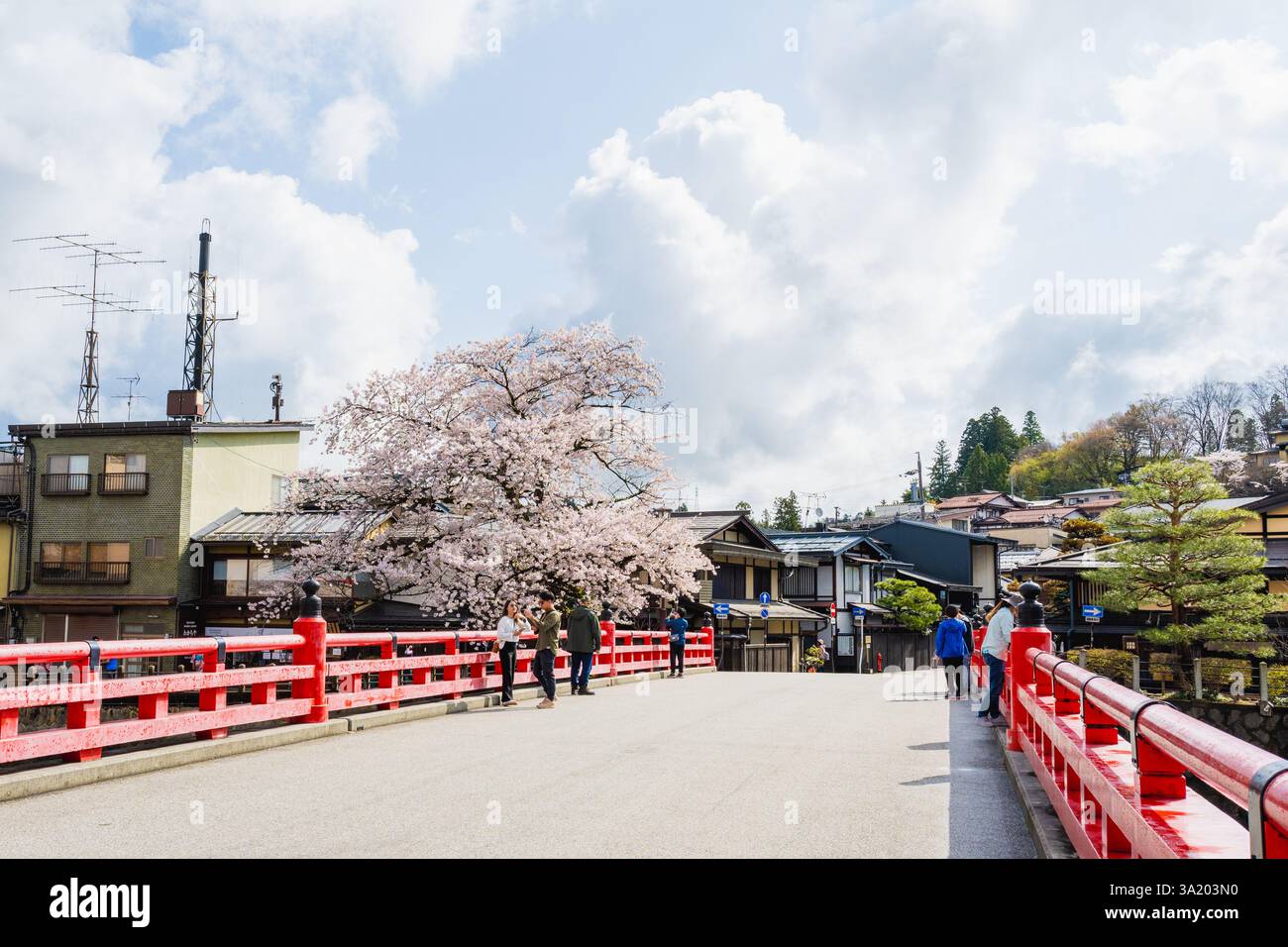 Takayama, Gifu, Japan - APR 17 ,2024: Red Naka-bashi bridge with Cherry ...
