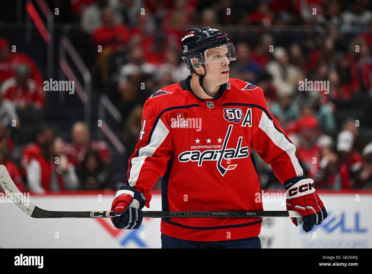 Washington Capitals defenseman John Carlson looks on during an NHL ...