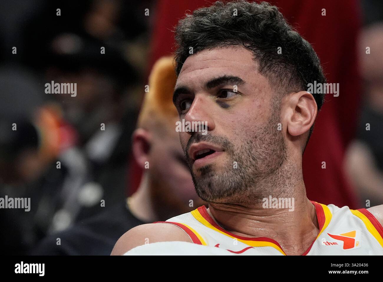 Atlanta Hawks forward Georges Niang (20) sits on the bench during the ...