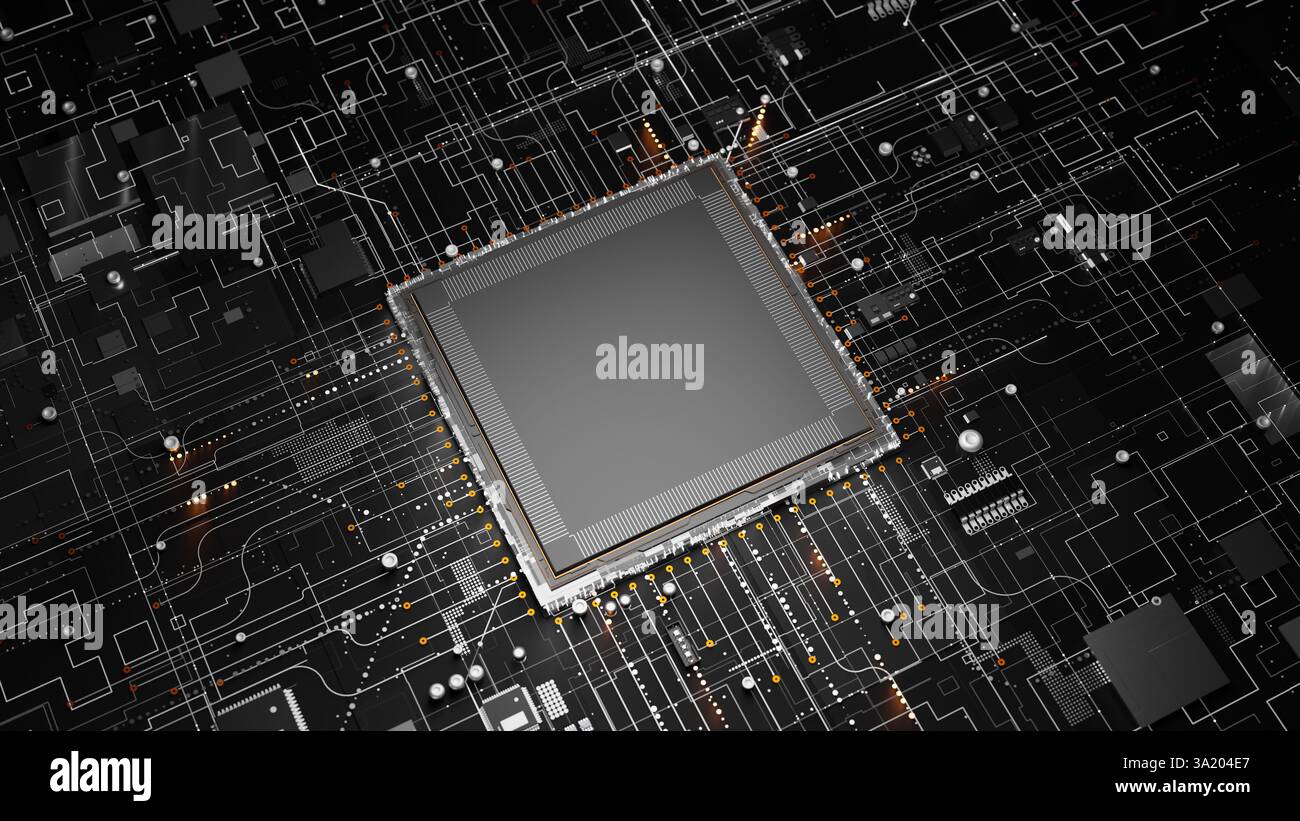 detailed view of a computer chip situated on a circuit board highlights ...