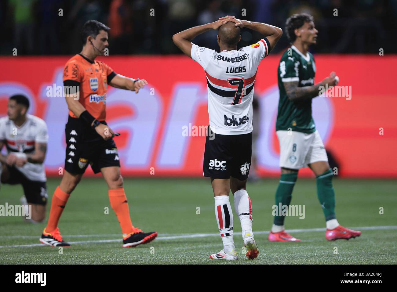 Lucas, a player from Sao Paulo, laments during the match against ...