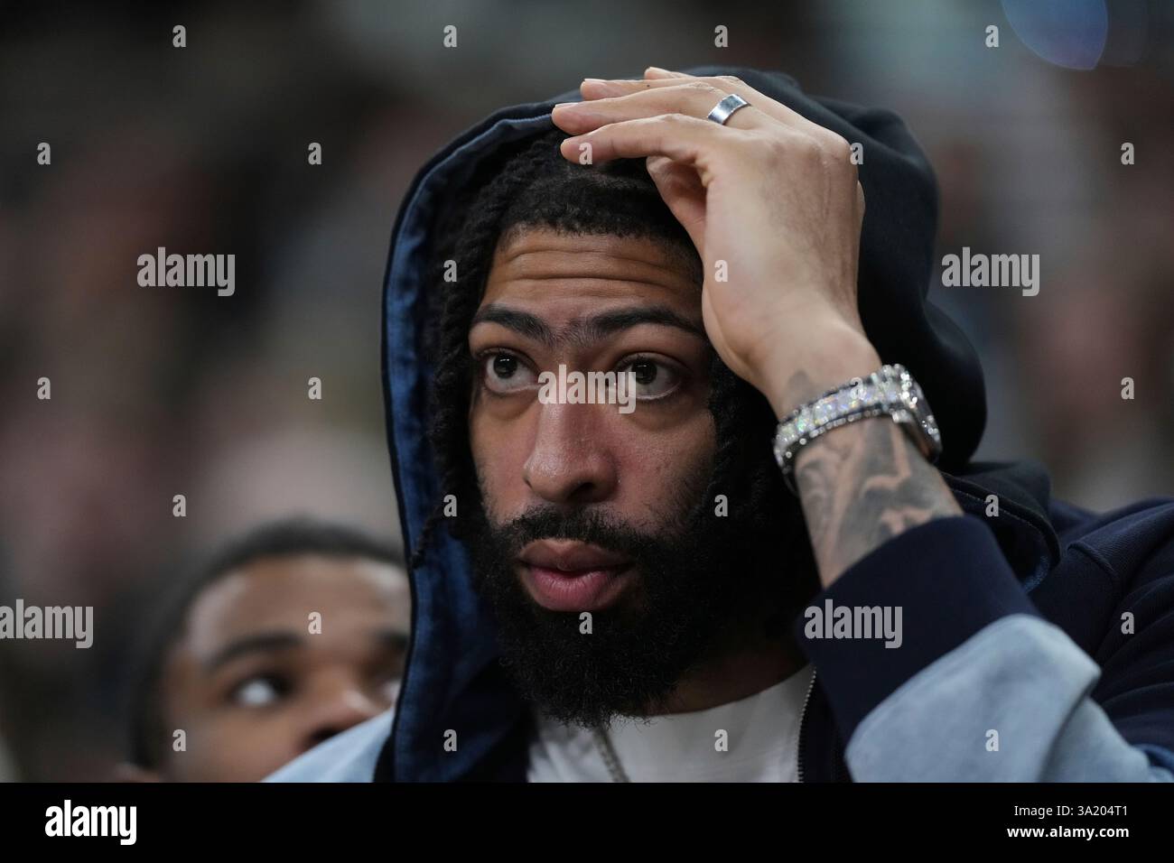 Dallas Mavericks forward Anthony Davis watches from the bench during ...