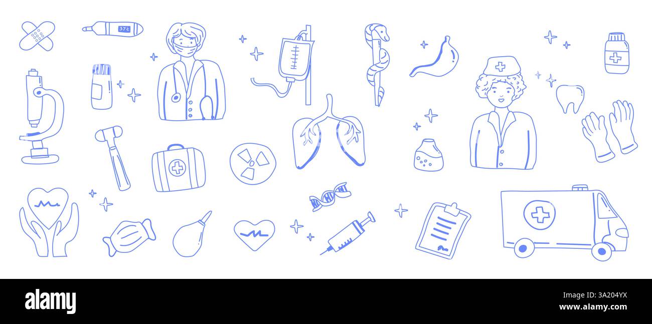 Medical doodles: doctor, nurse, syringe, ambulance, heart and more in ...