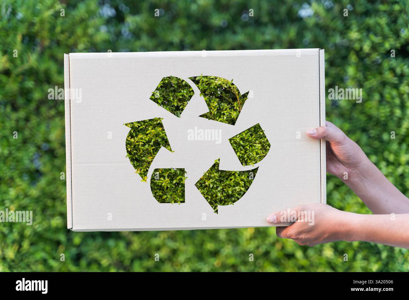 Green cardboard recycling symbol. Concept of ecology and paper ...
