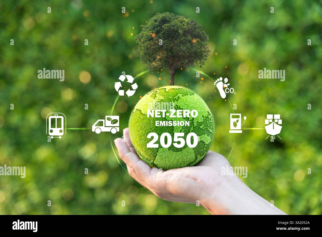 Net Zero Emissions by 2050. Businessman hands and finger touch earth ...