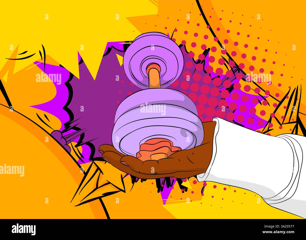 Cartoon, comic book human hands holding Dumbbell. Retro vector comics ...