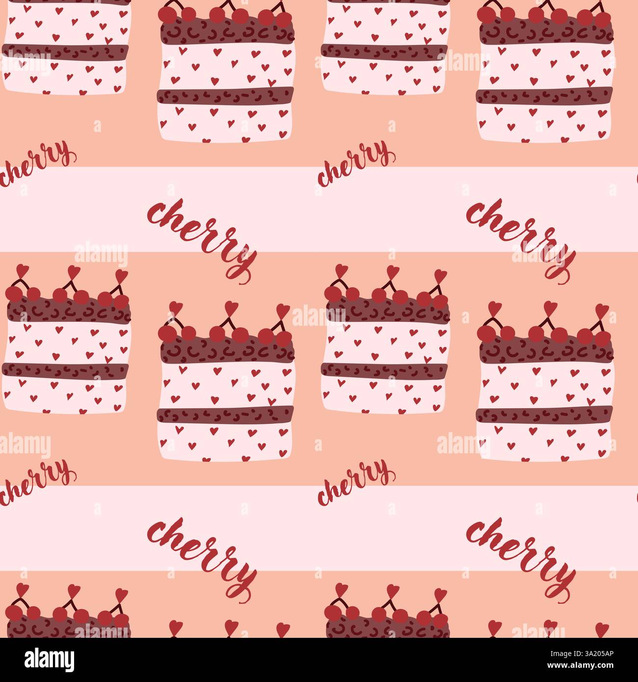 Seamless pattern of cherry topped cakes with heart details on pink ...