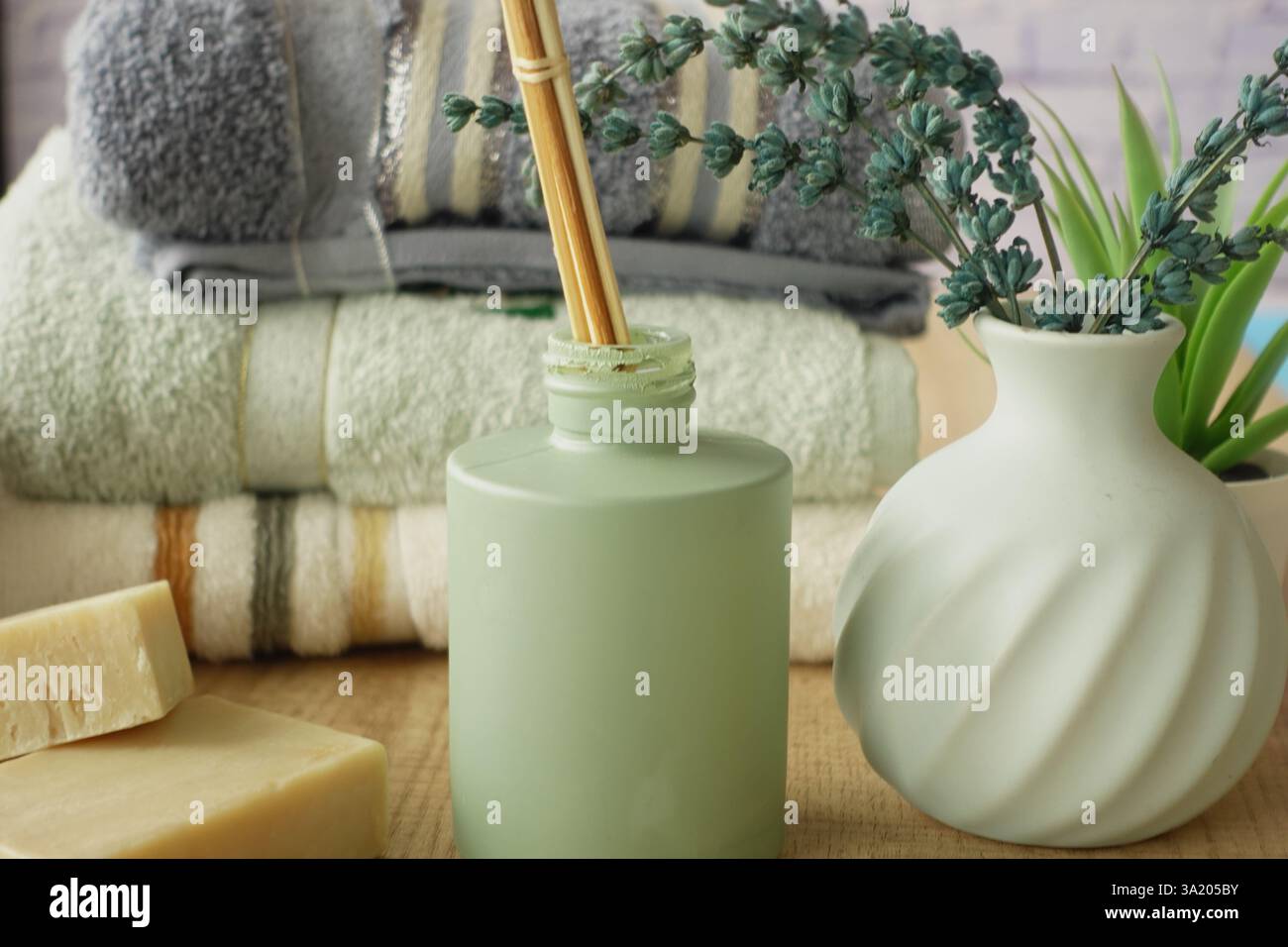Relaxing spa setup with natural elements and soothing colors Stock ...