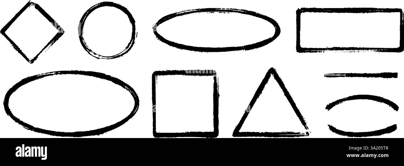 Black charcoal hand drawn frame set. Rectangle, triangle and round ...