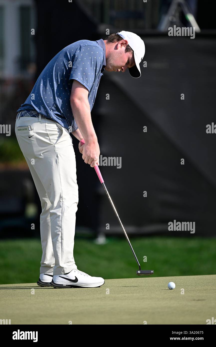 Robert MacIntyre, of Scotland, watches his putt on the 16th green ...