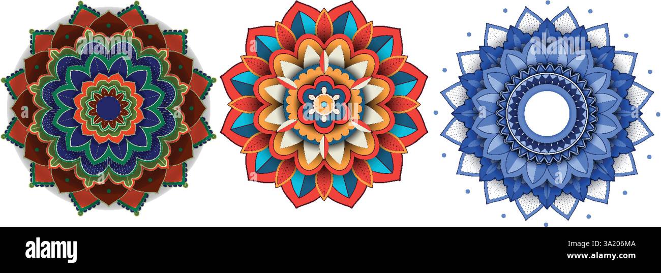 Three intricate mandalas showcasing vibrant geometric designs Stock ...