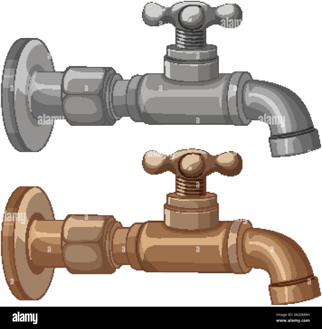 Vector illustration of two vintage metal water faucets, showcasing ...