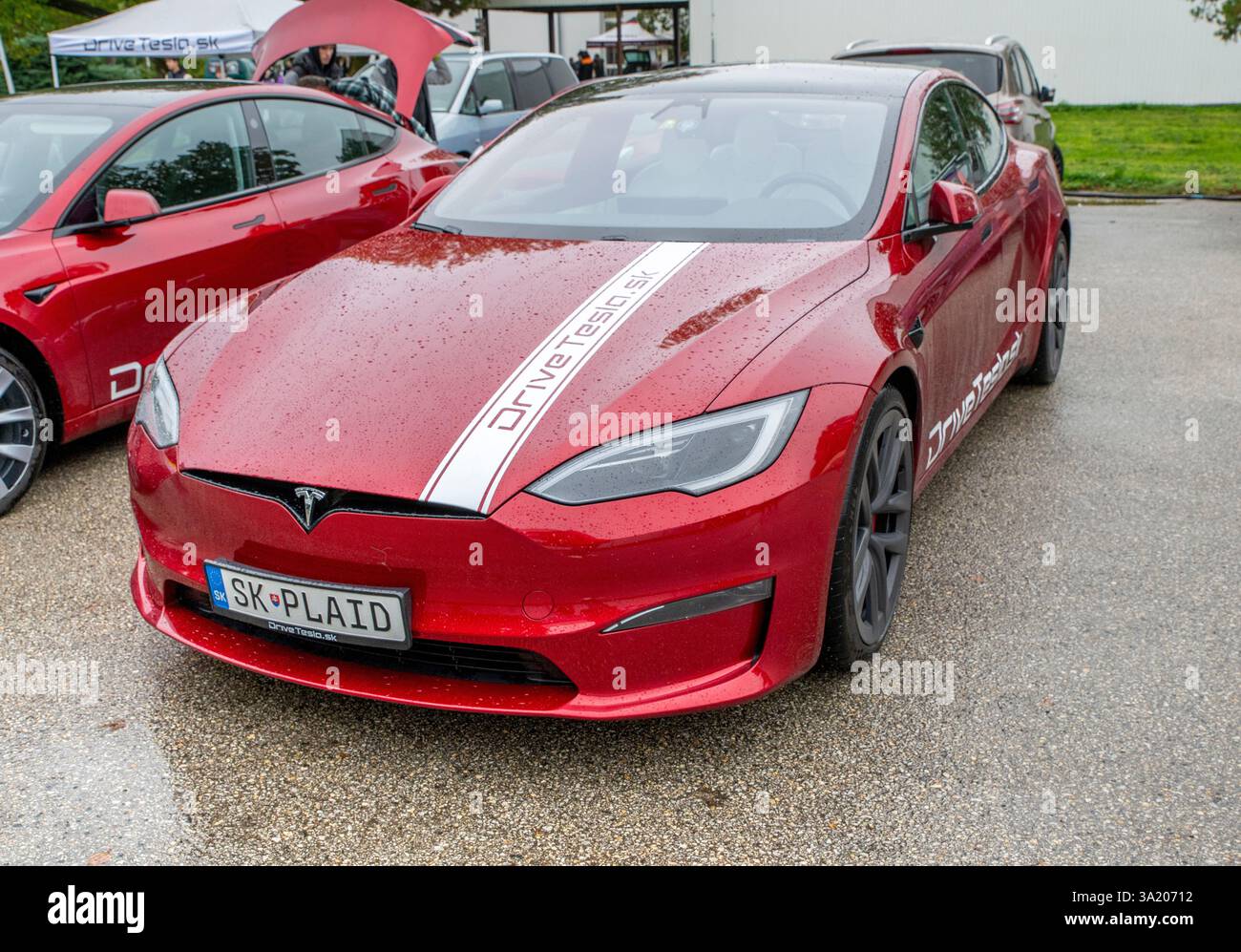 Nitra, Slovakia - October , 4, 2024 : Tesla brand on a car hood with ...