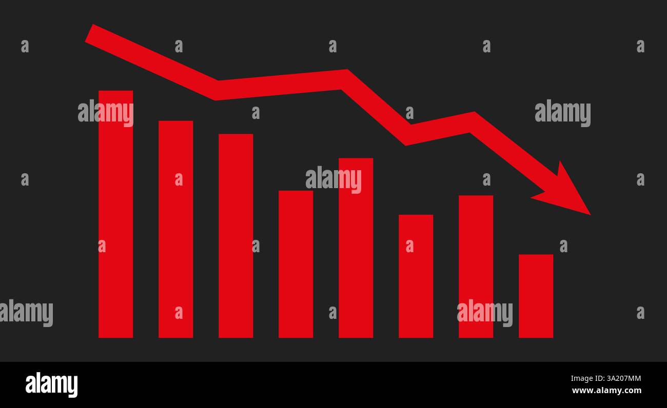 Red downward chart. Financial market crash with red arrow. Flat vector ...