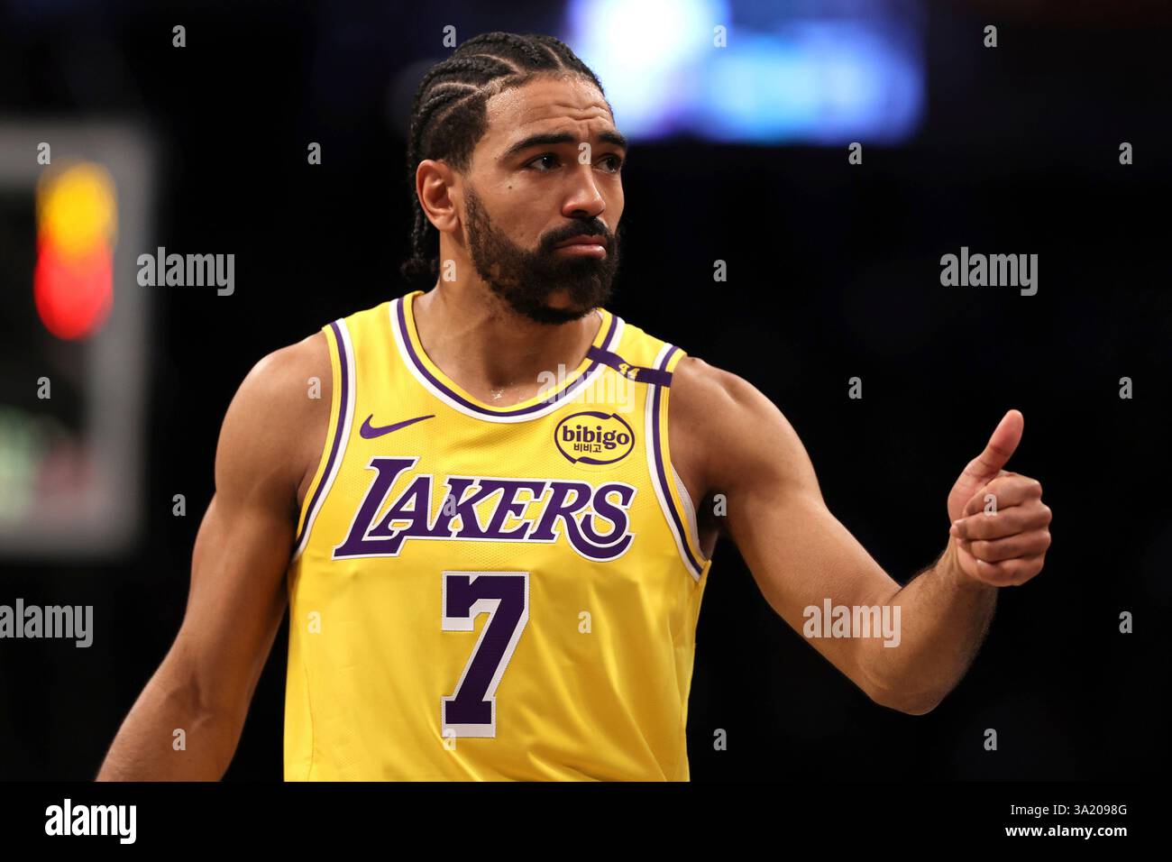 Los Angeles Lakers' Gabe Vincent stands on the court during the first ...