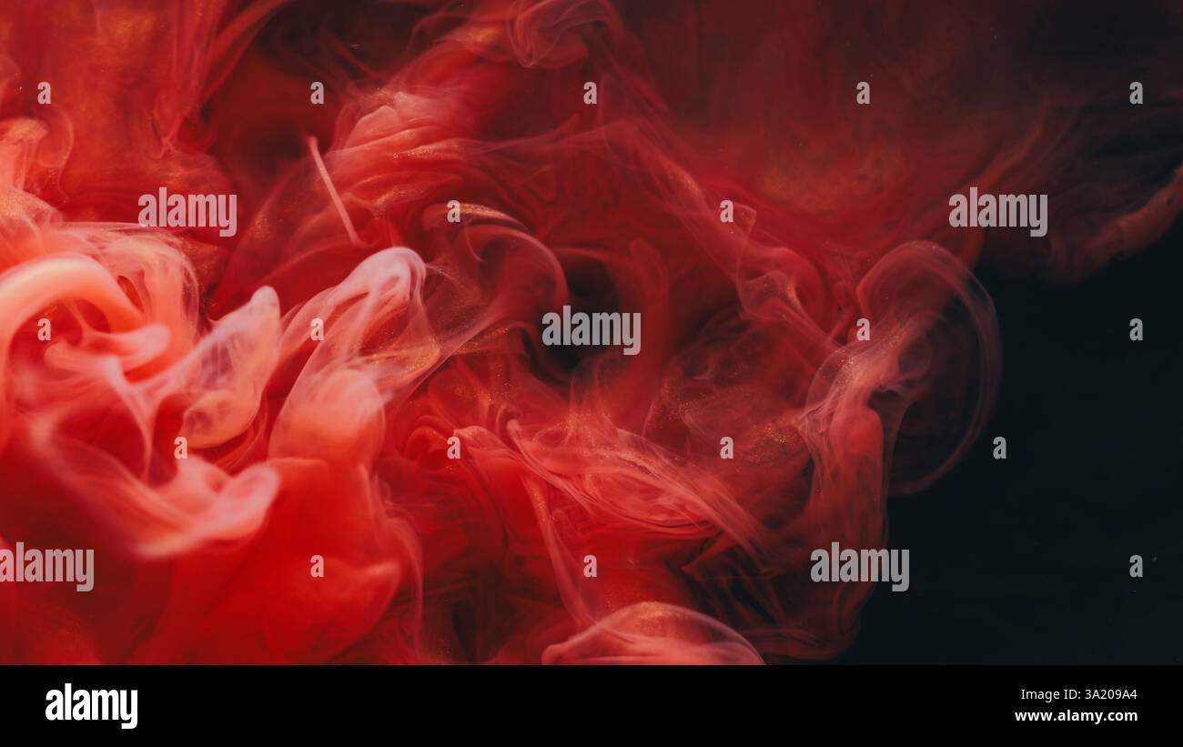 Paint steam. Dye spread. Red fluid blow black mystic background ...