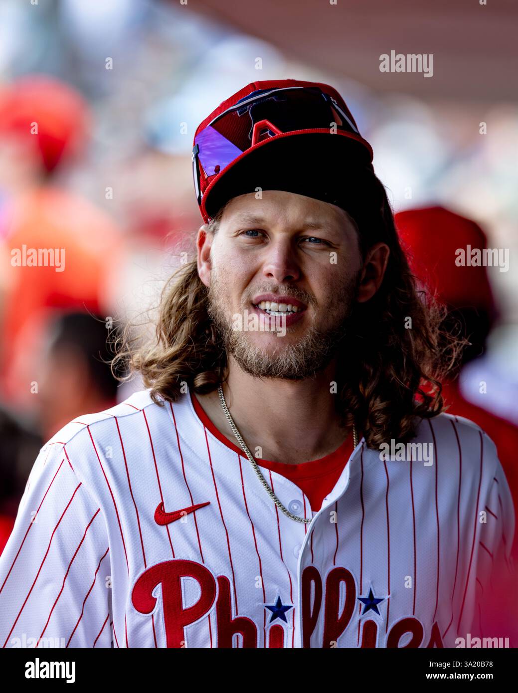 Philadelphia Phillies infielder Alec Bohm in the dugout at a baseball ...