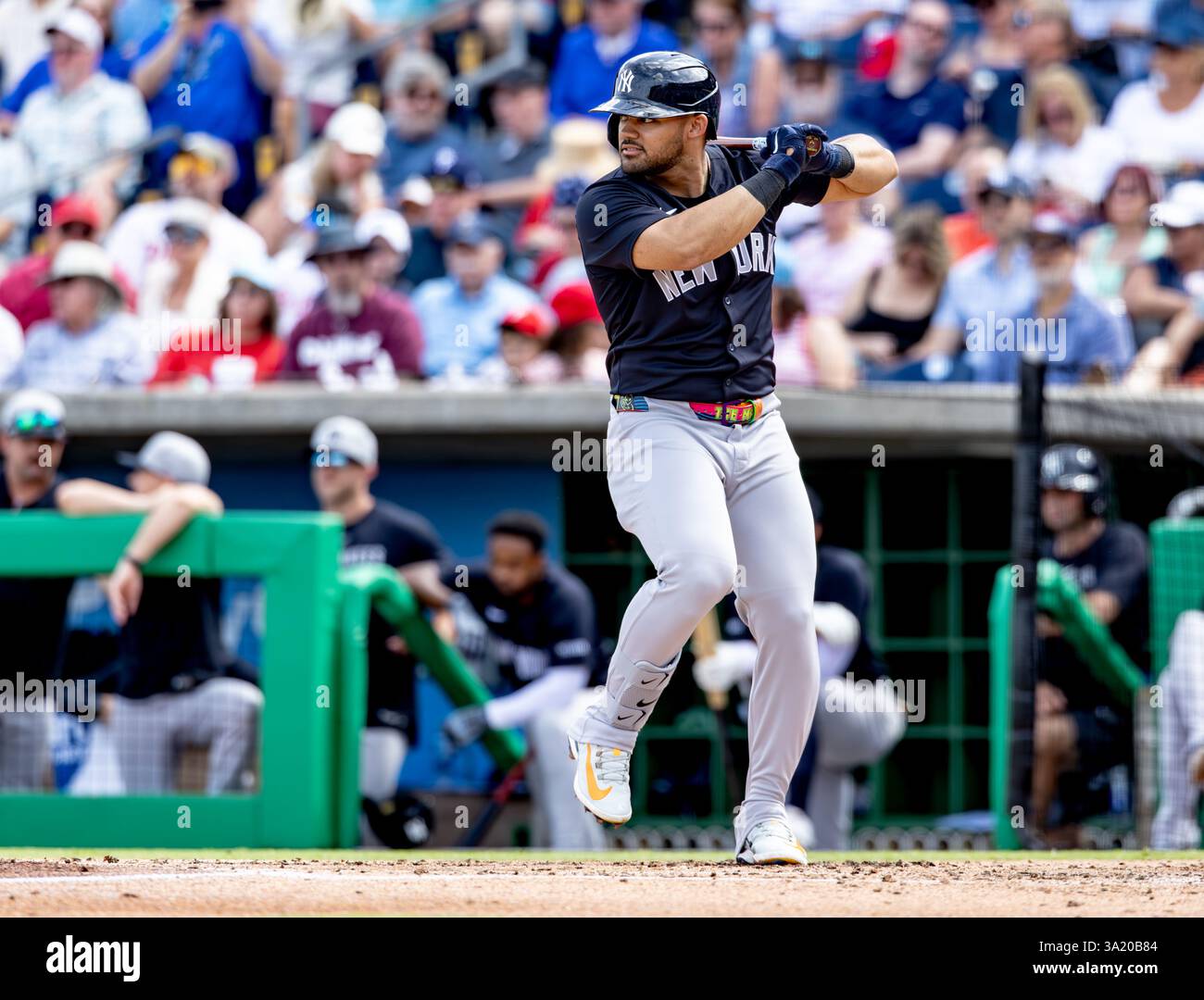 New York Yankees outfielder Jasson Dominguez up to bat at a baseball ...