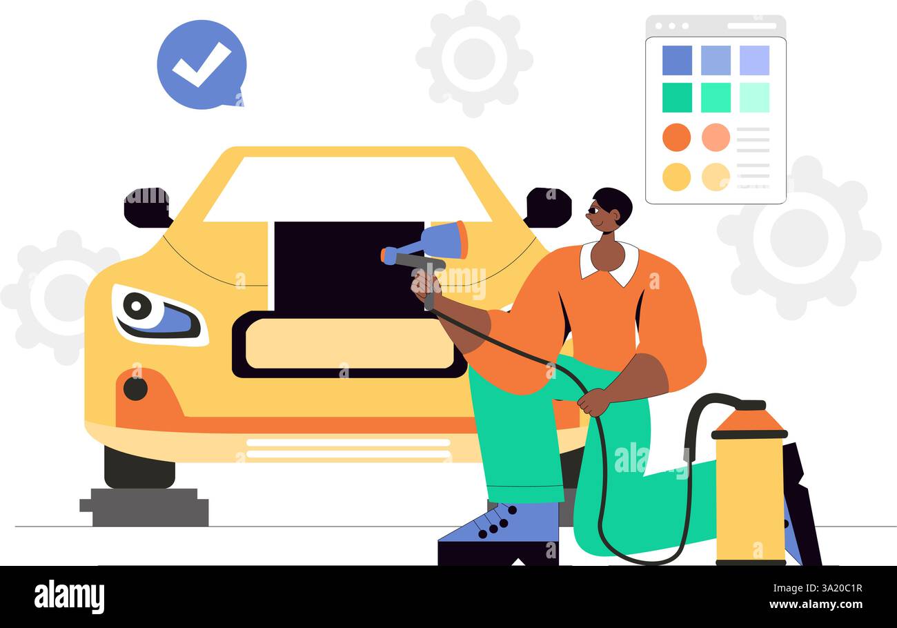 Car Customization and Modifications Vector Illustration featuring a ...