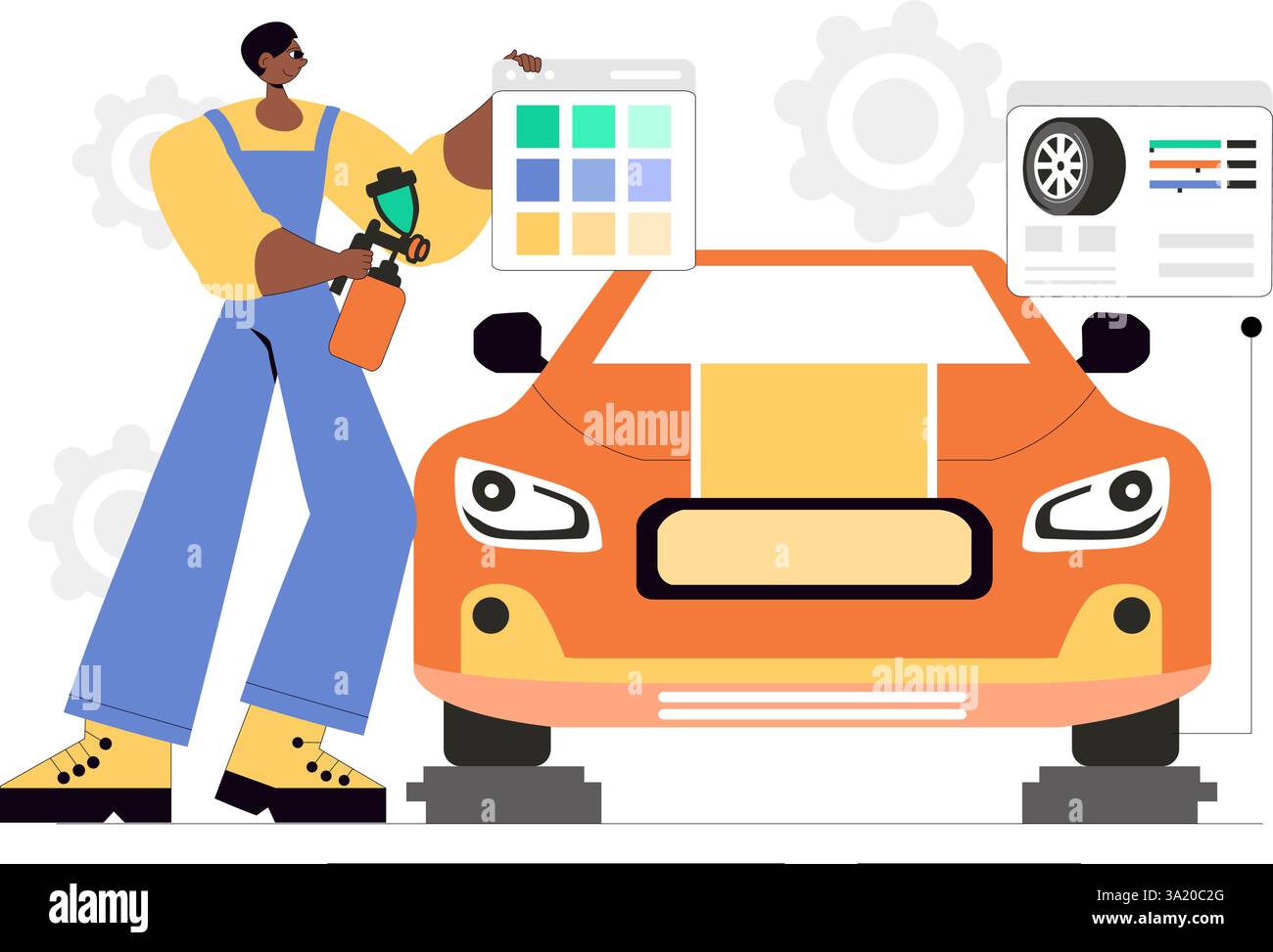 Car Customization and Modifications Vector Illustration featuring a ...