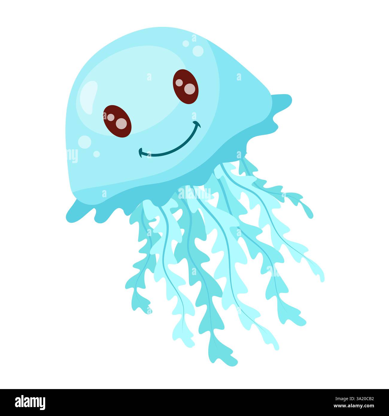 Cute cartoon jellyfish with a happy face, light blue body, and flowing ...