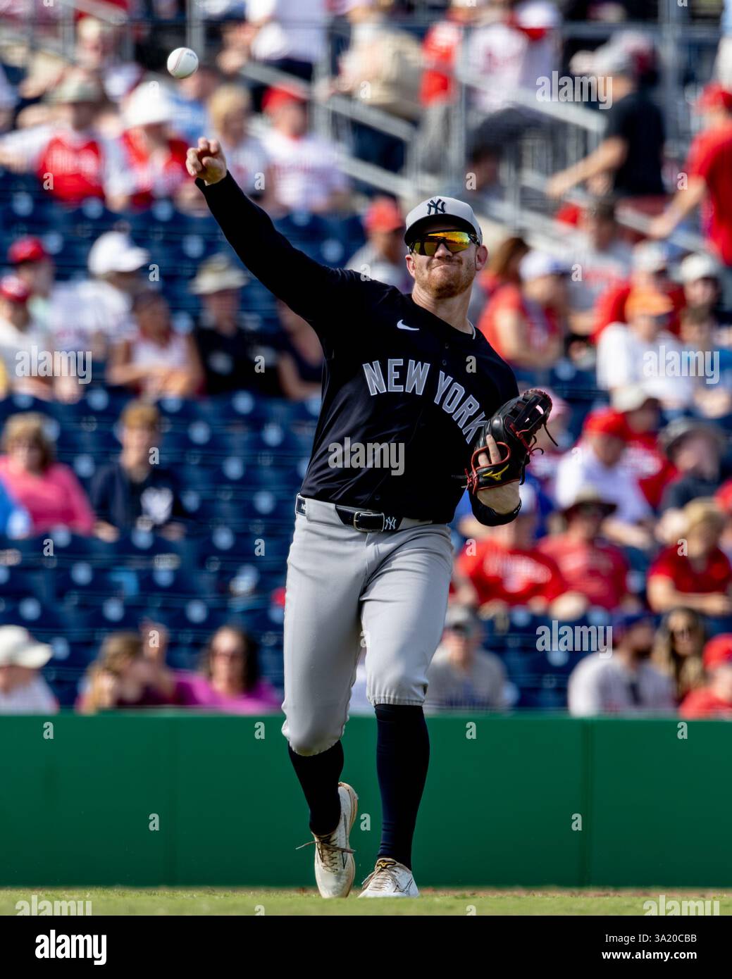 New York Yankees infielder Tyler Hardman fields a ball at a baseball ...