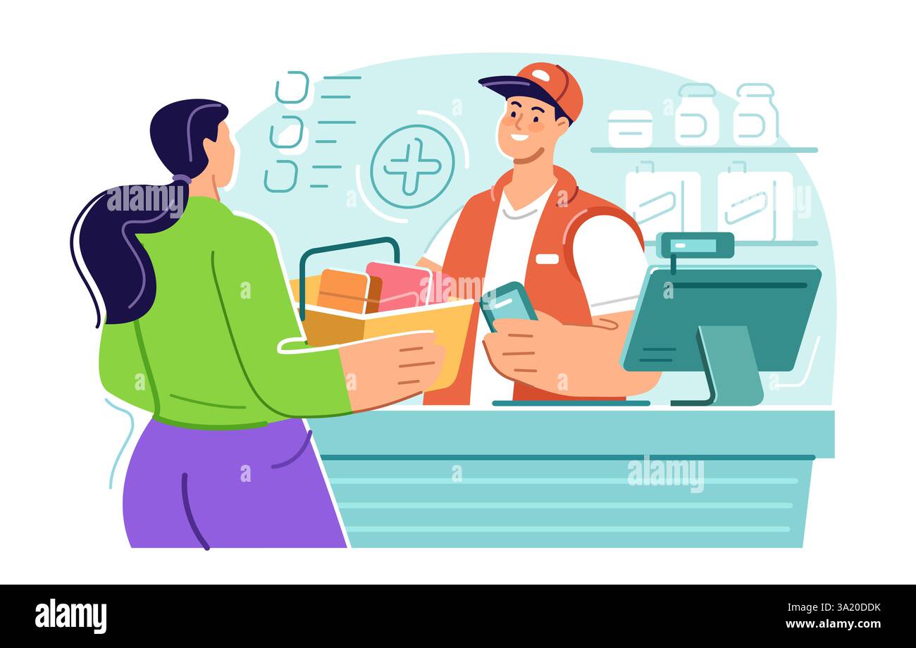 Customer with shopping basket at checkout in retail store, cashier helping. Supermarket counter ...