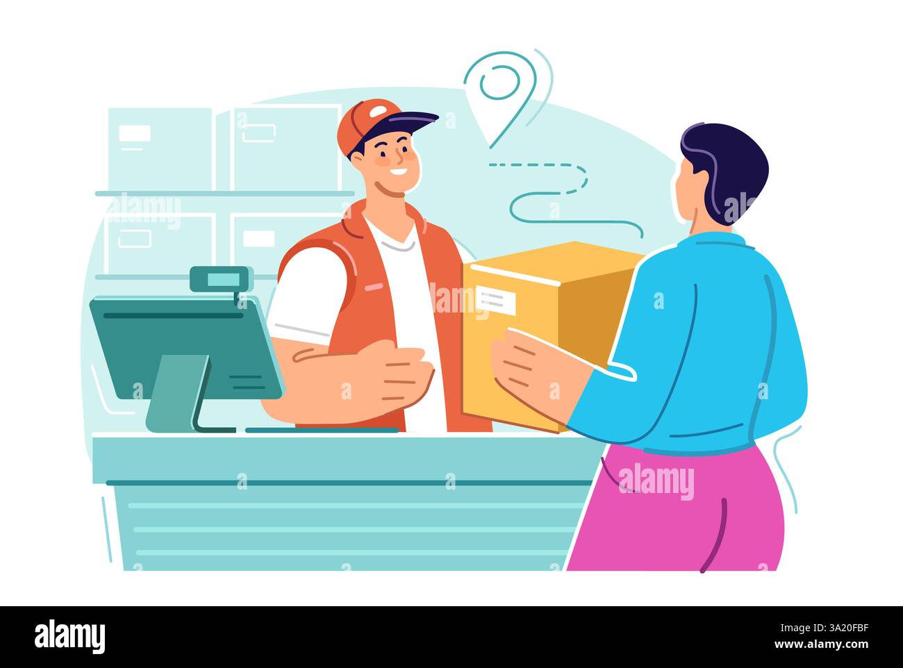 Parcel pickup and delivery. Postal worker at reception desk ...