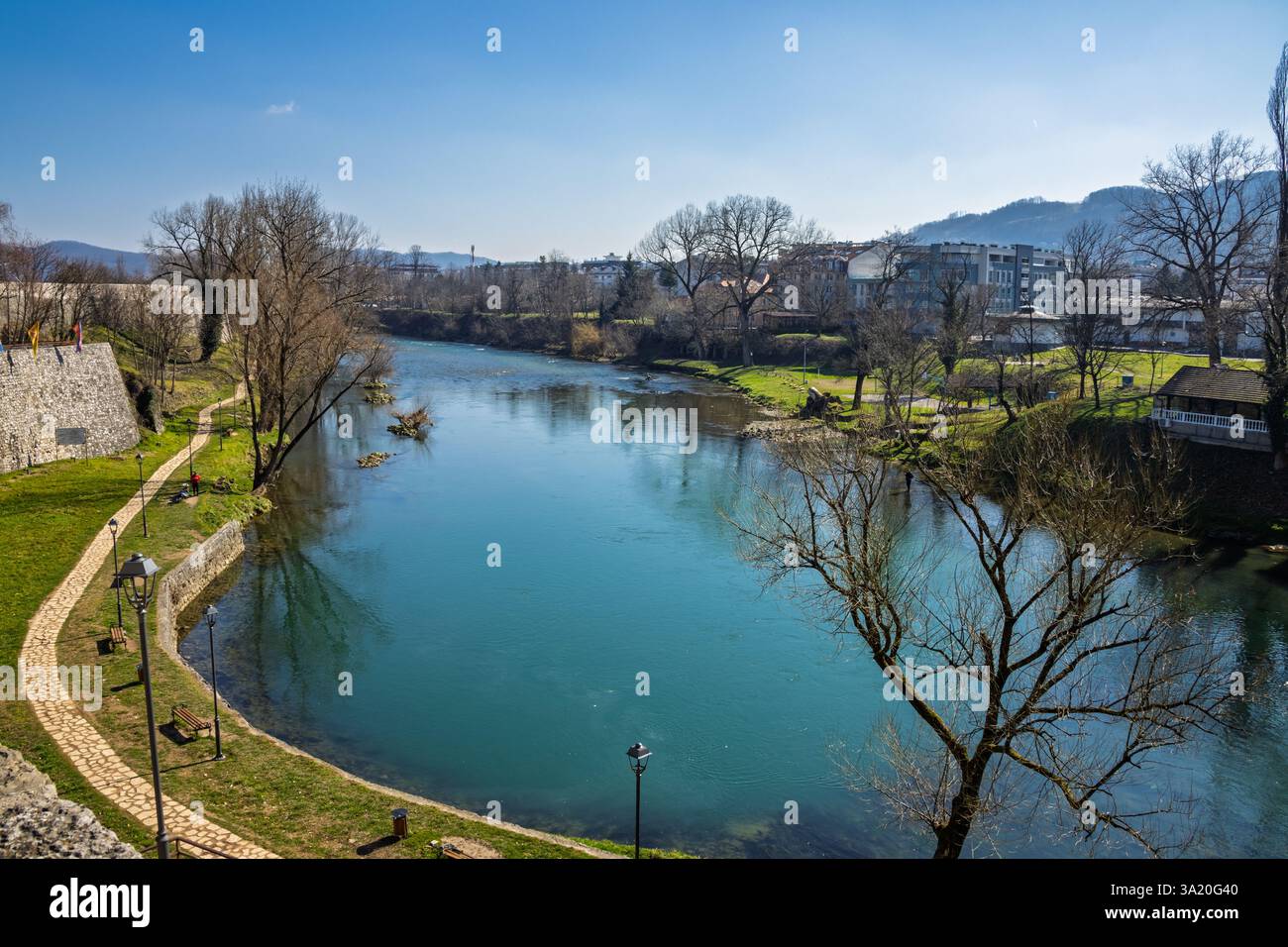 The Vrbas River running next to walls of the Kastel Fortress in Banja ...