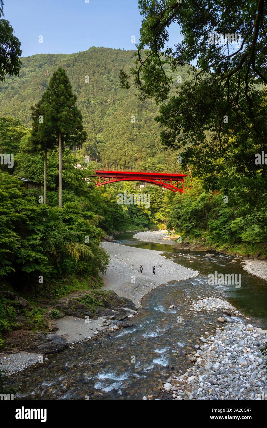 Two visitors walk on the banks of the Tama River, the bright red Showa ...
