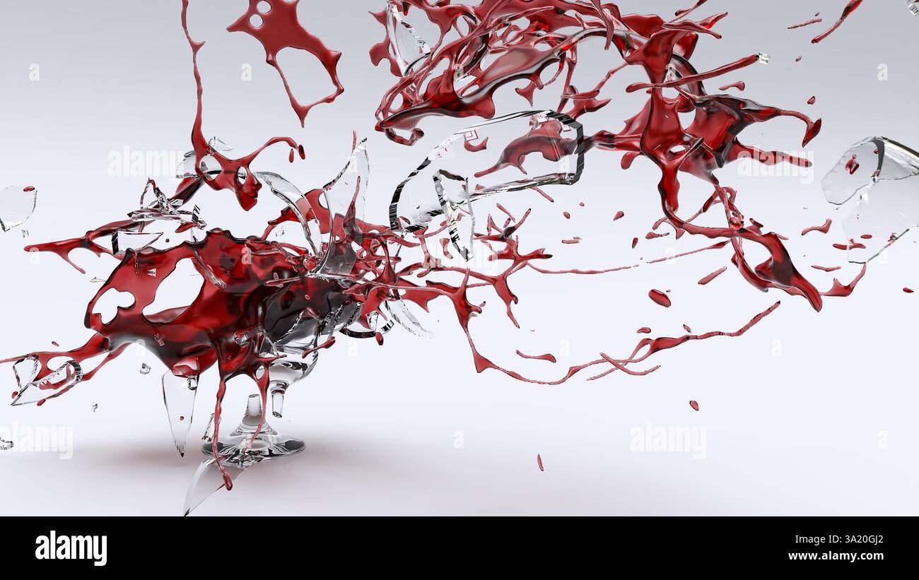 3D render of the wine glass shattered with the red wine splattered. 3D ...