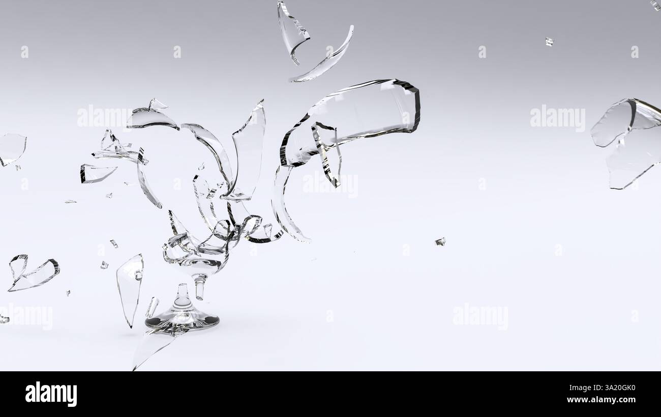 3D render of the wine glass shattered. 3D illustration of a glass of ...