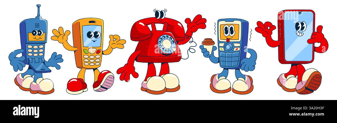 Cartoon illustration set of retro smiling mobile phone character ...