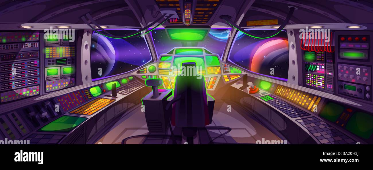 Spaceship cockpit interior - futuristic control panels, neon glowing displays, colorful buttons ...