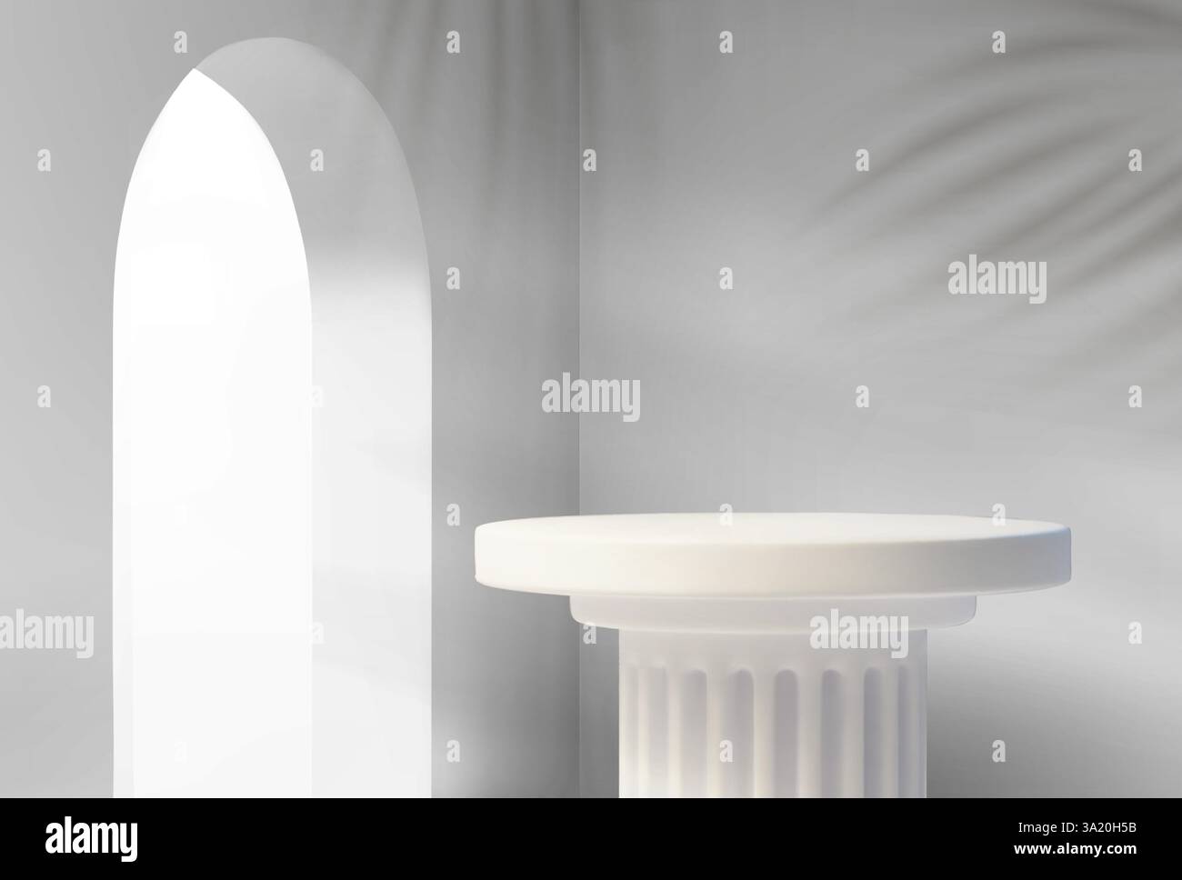 White stone arch with fluted column pedestal podium set on light gray background with soft ...