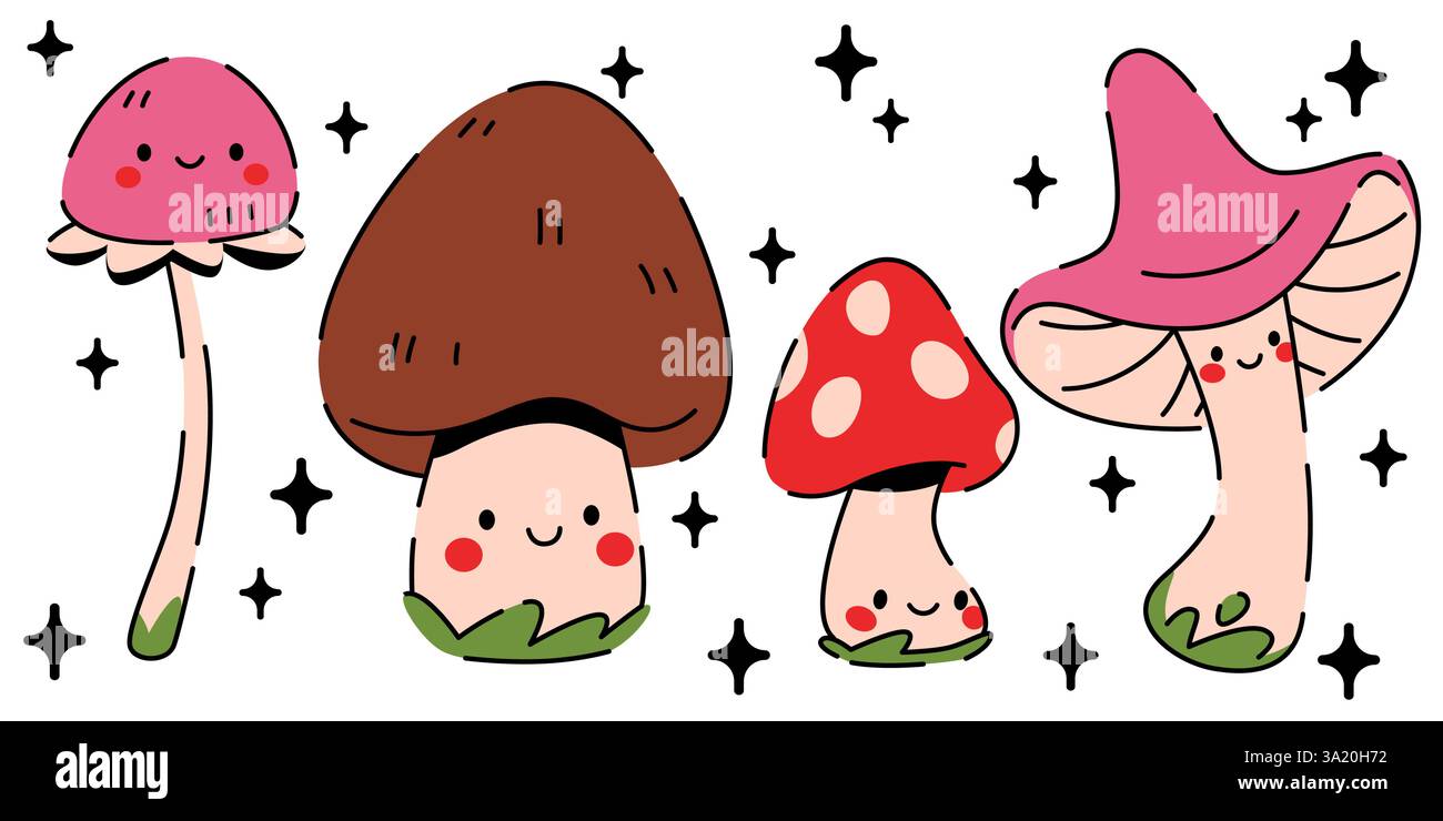 Cute mushroom characters mascot pack - adorable pink toadstool, spotted ...