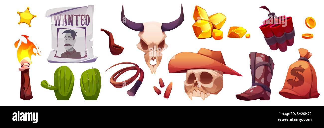 Wild west cowboy elements set - wanted poster, horned cow skull, green ...
