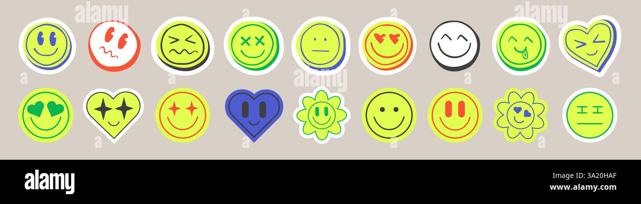 Groovy emoticon face stickers set in bright neon colors with funky ...