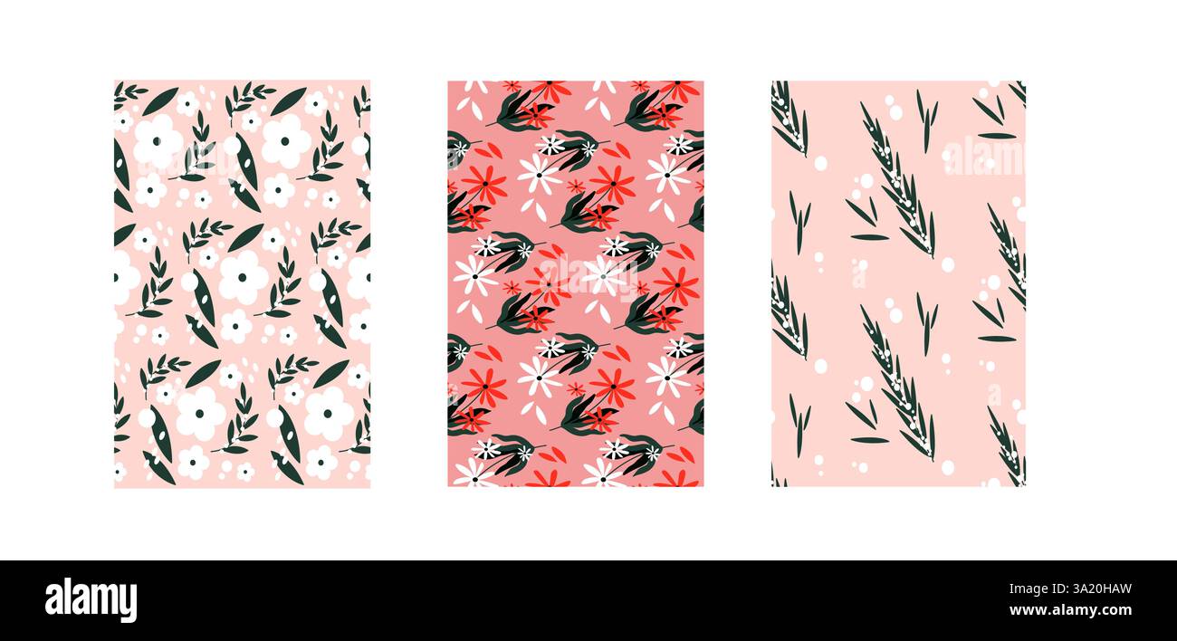 Botanical doodle seamless patterns on pink backgrounds - trendy floral design collection with ...