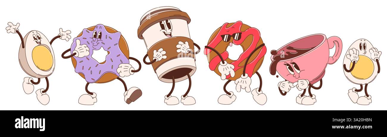 Groovy breakfast characters set - retro cartoon vector egg, coffee ...