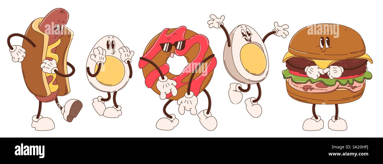 Groovy breakfast characters collection - retro cartoon vector ...