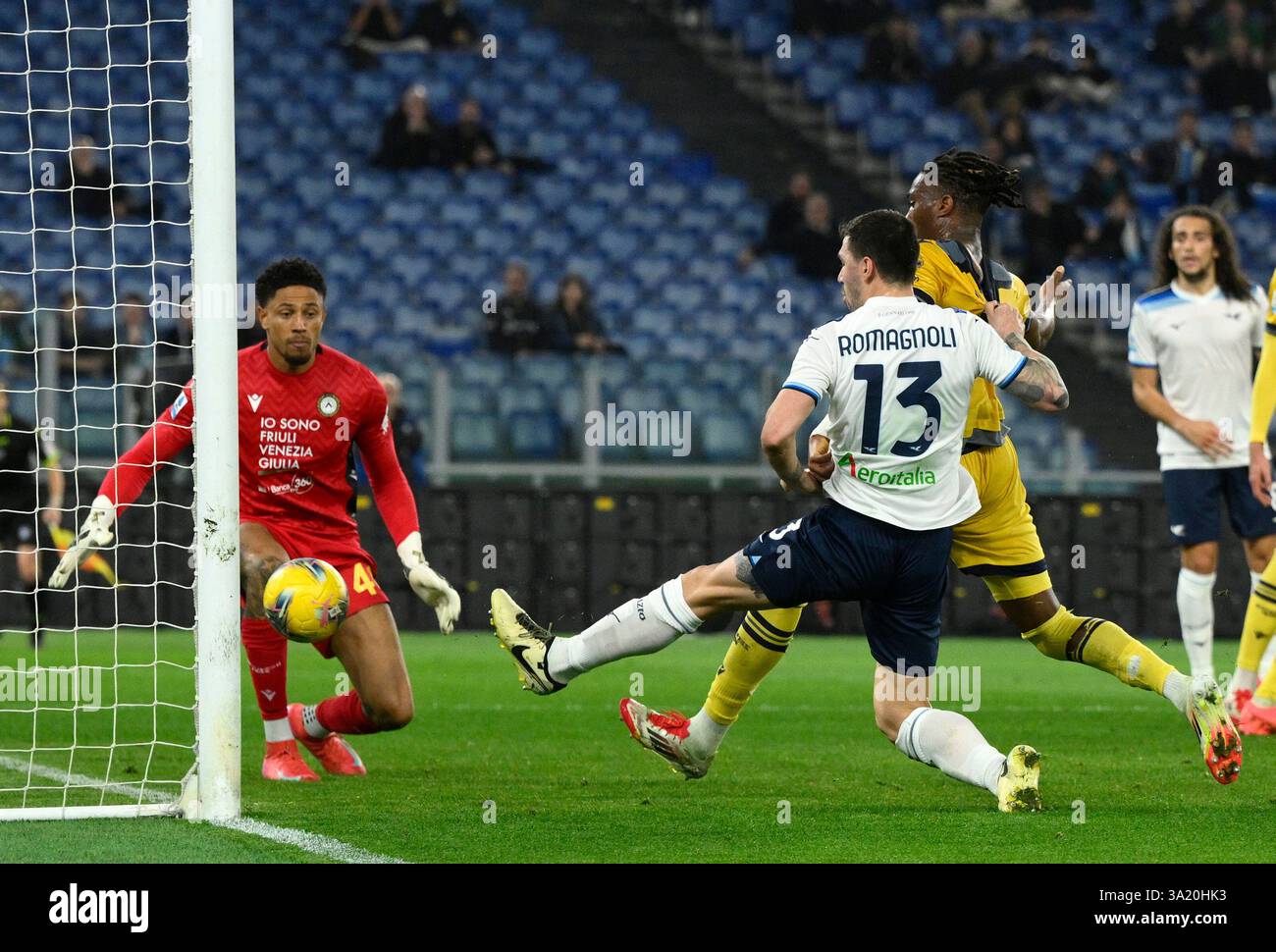 Rome, Italy. 10th Mar, 2025. Lazio's Alessio Romagnoli (front) scores ...
