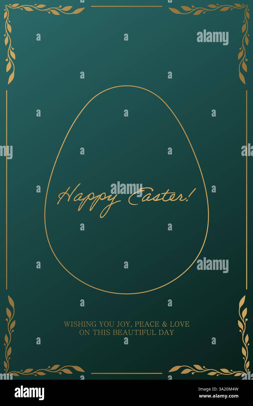 Easter set card. Rich navy green gradient background with gold egg outline, delicate floral ...