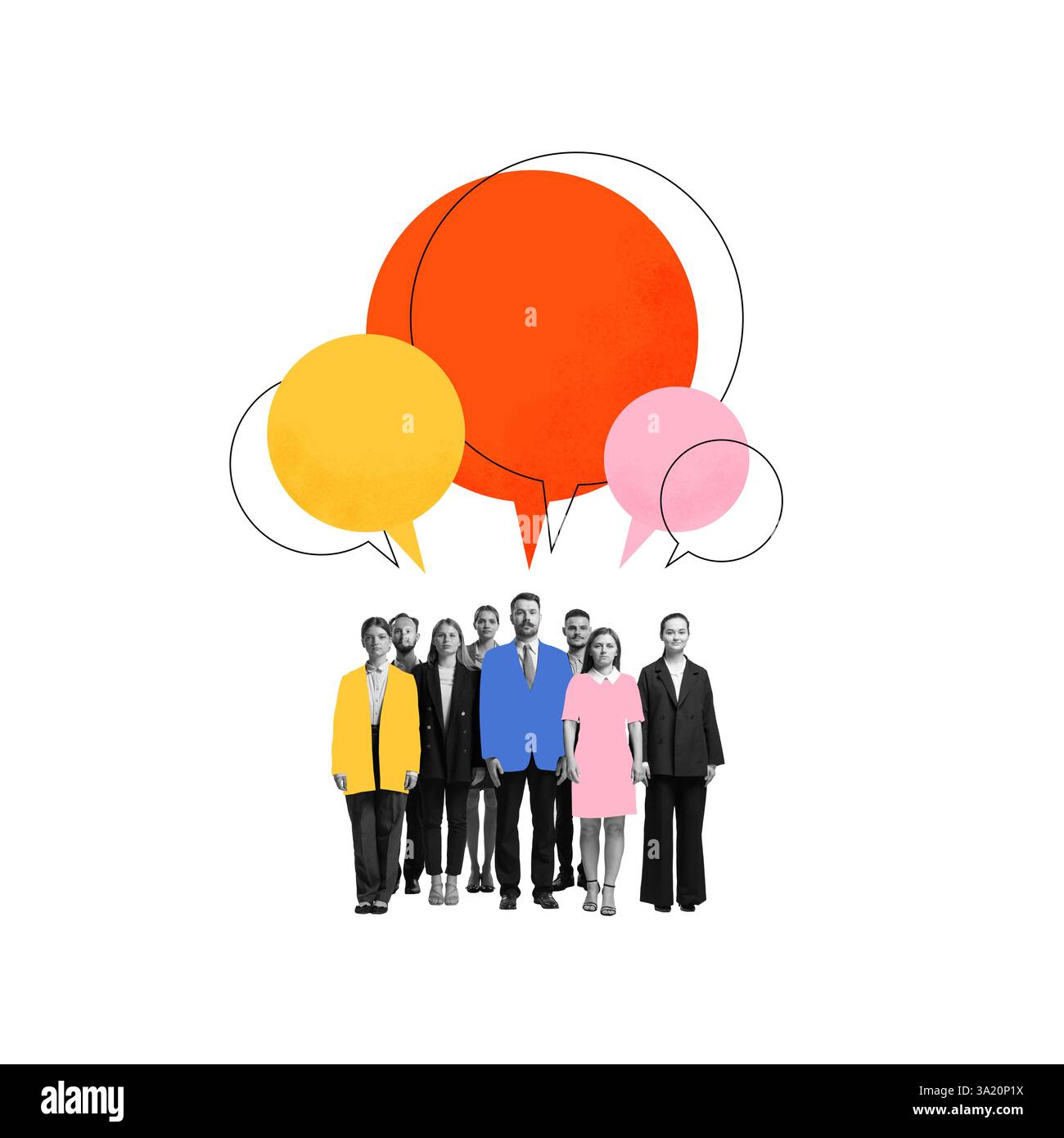 Contemporary art collage. Business team standing under colorful speech ...
