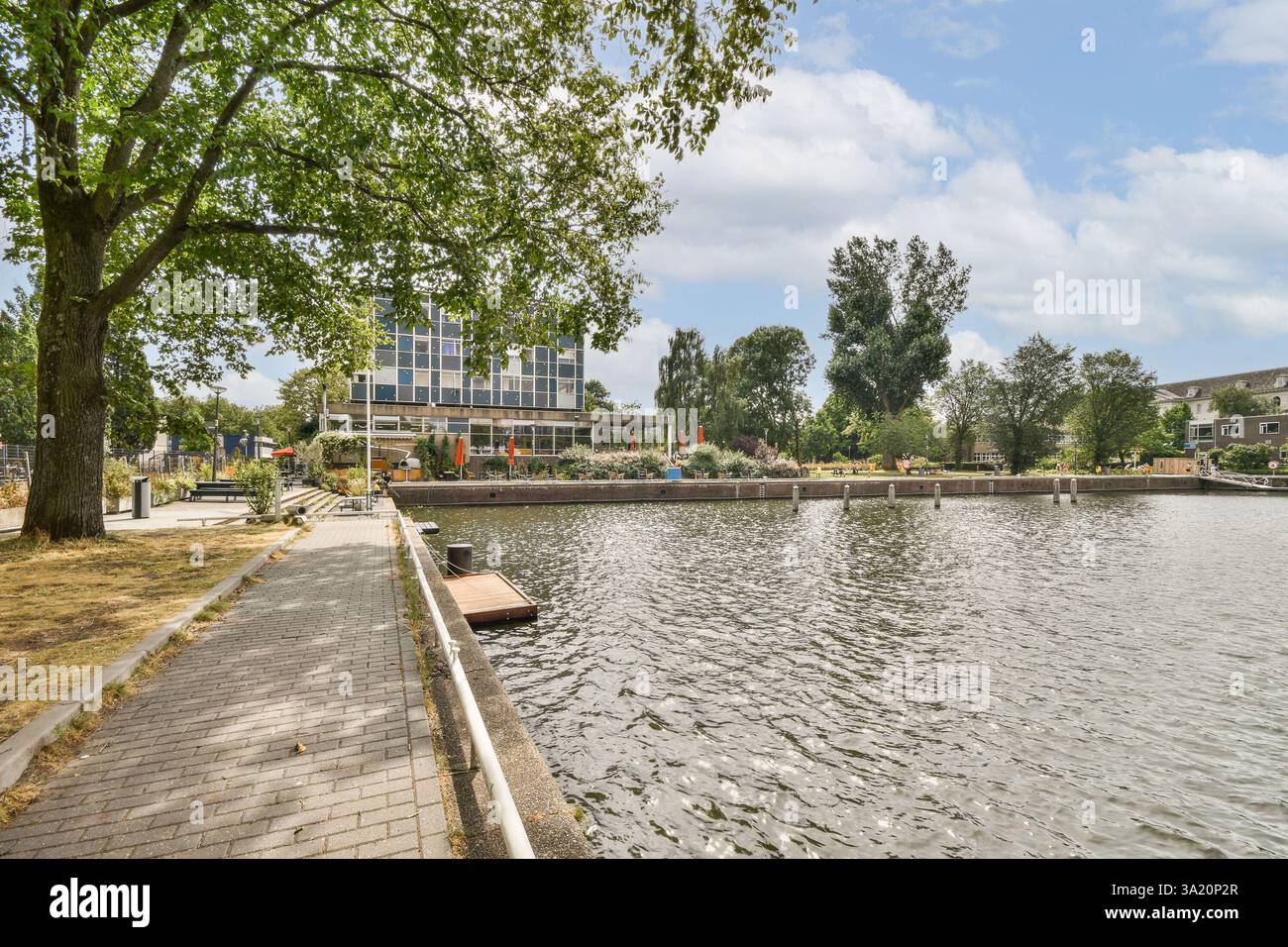 A tranquil outdoor scene featuring a beautiful park alongside a calm ...