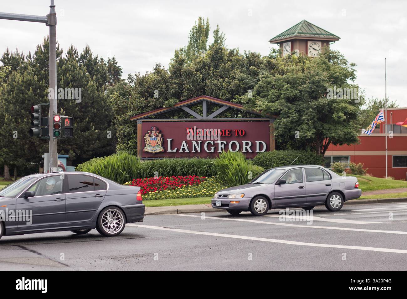 Langford, Canada - June 11,2021:Welcome sign to Langford with city ...