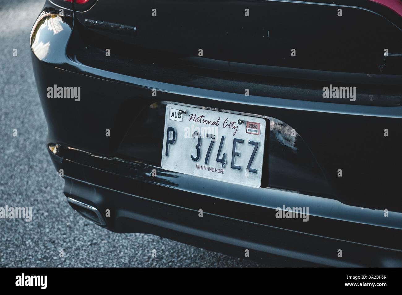 Vancouver, Canada - July 20,2021Close-up of black car's rear bumper ...