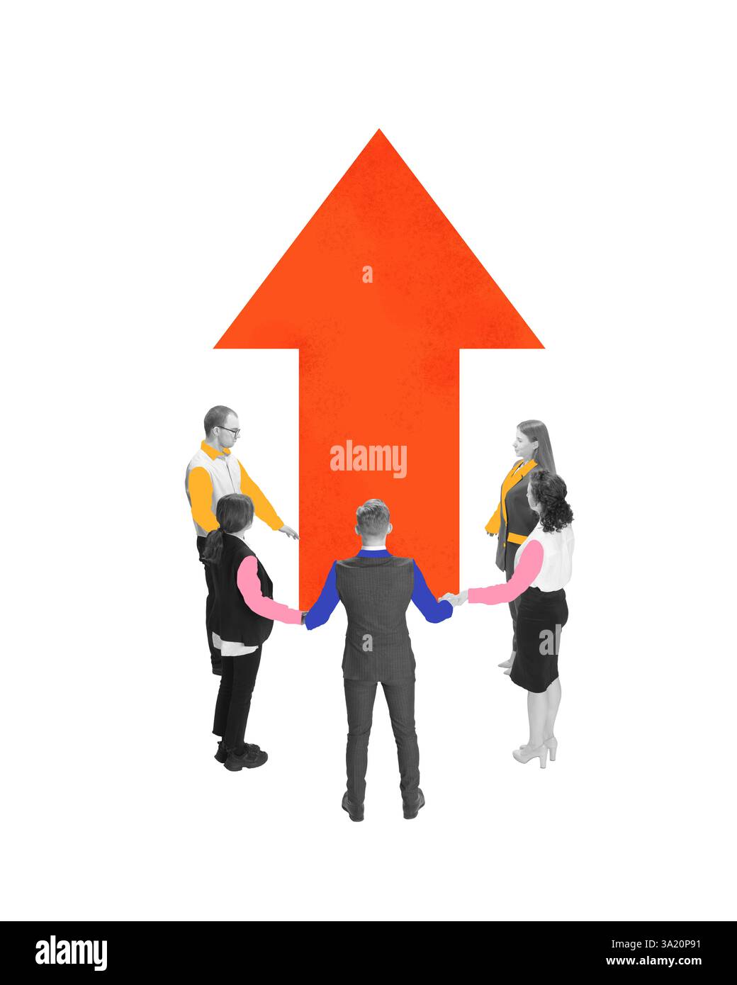 Contemporary art collage. Group holding hands around giant arrow ...