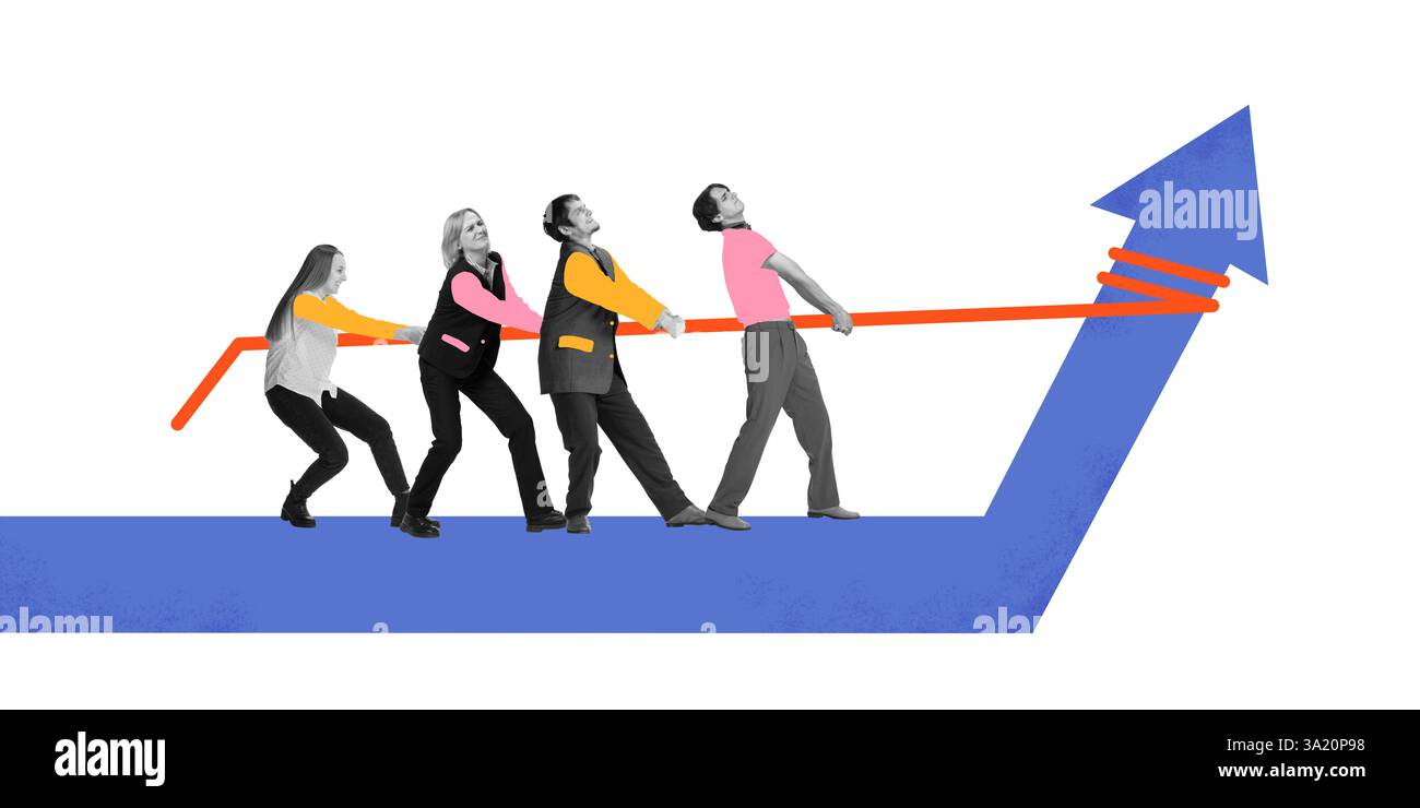 Contemporary art collage. Team pulling arrow upward, representing ...